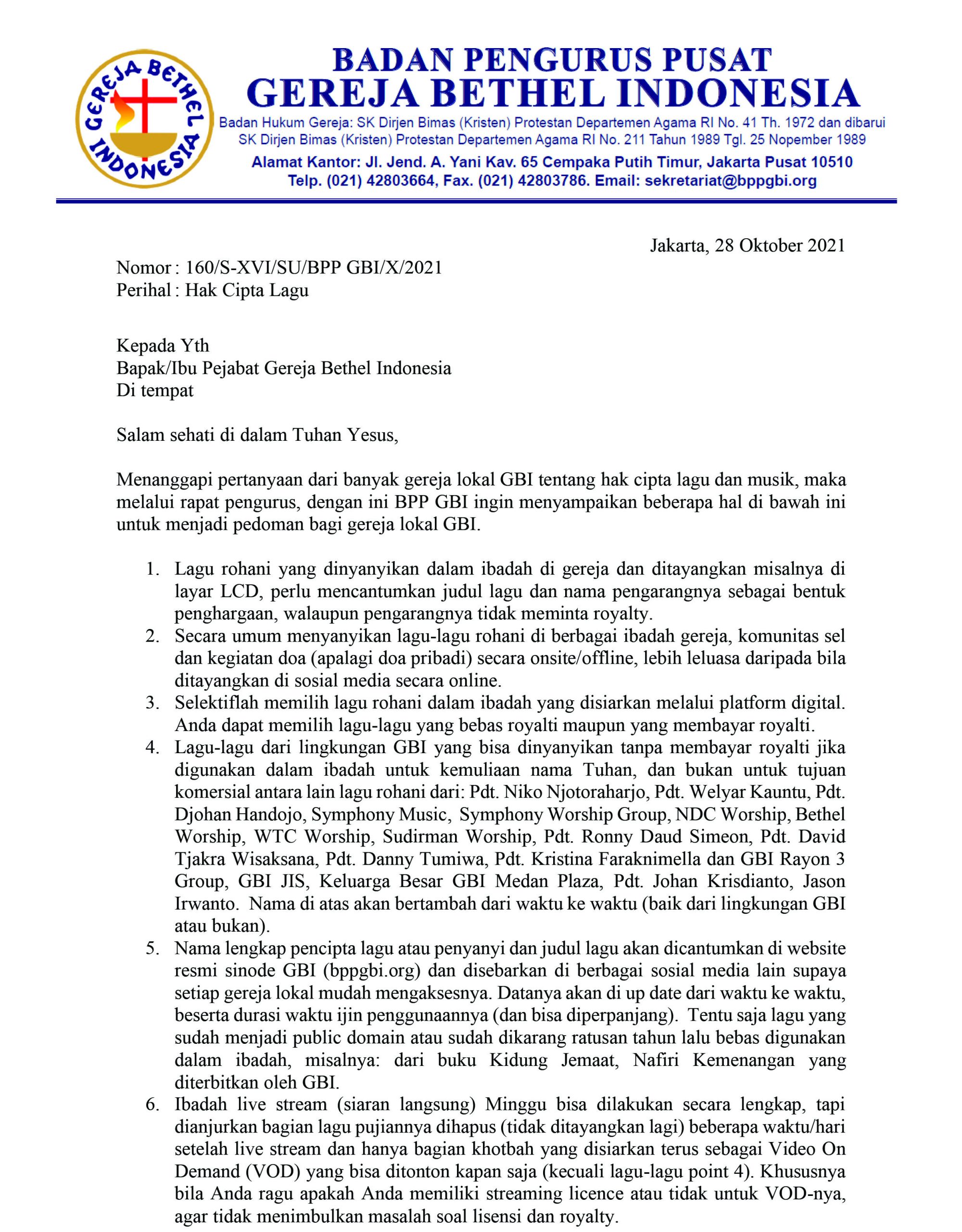 Hak Cipta Lagu - Badan Pengurus Pusat Gereja Bethel Indonesia